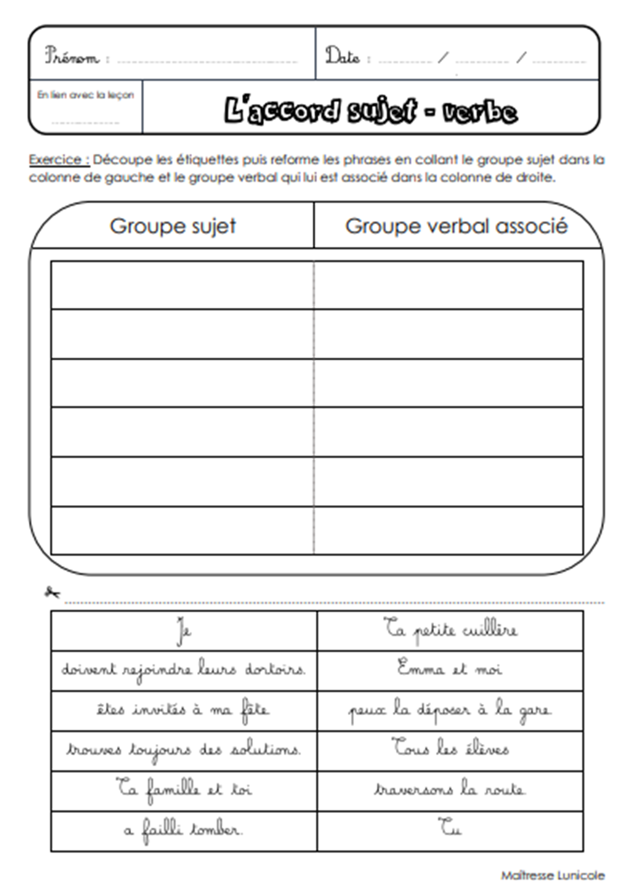 Accorder le sujet et le verbe – CM1 – Maîtresse Lunicole