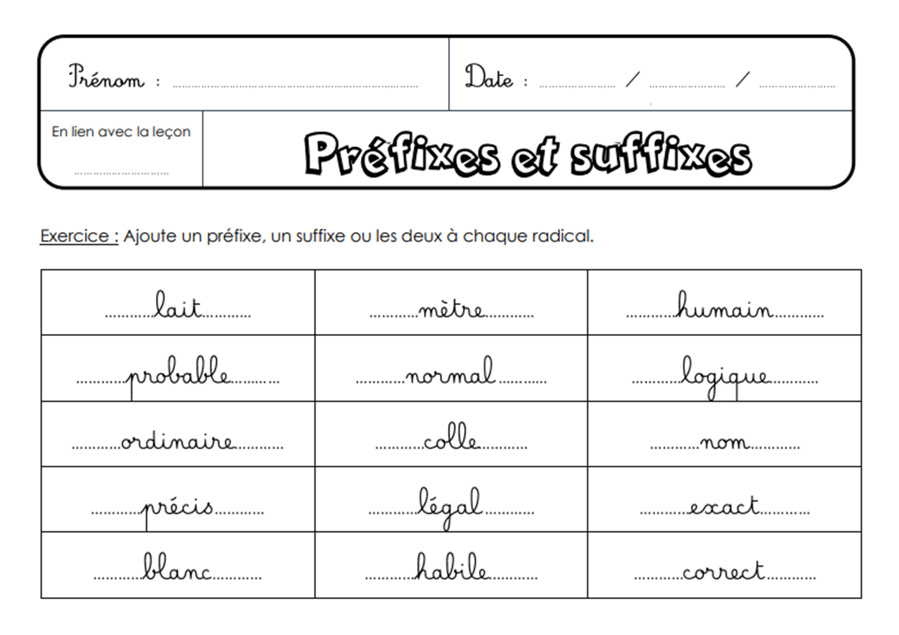 Les préfixes et les suffixes – CM1-CM2 – Maîtresse Lunicole