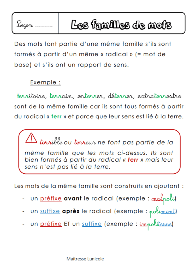Les mots de la même famille – CE2 – Maîtresse Lunicole