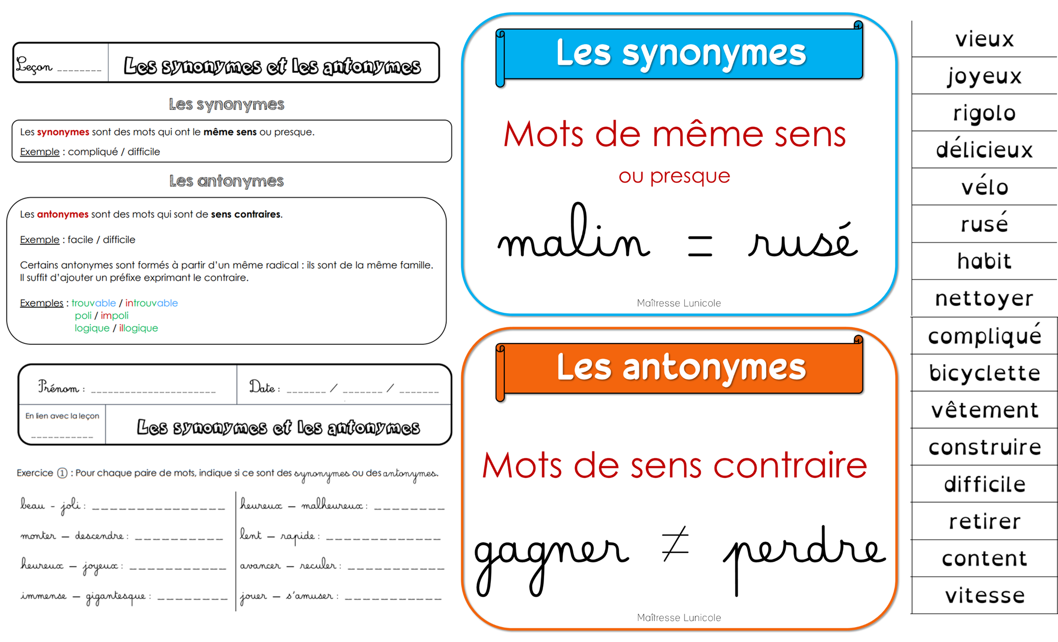 Les synonymes et les antonymes – Maîtresse Lunicole