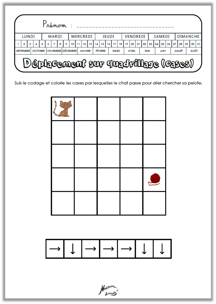 Repérage, déplacement et reproduction sur quadrillage – Maîtresse Lunicole