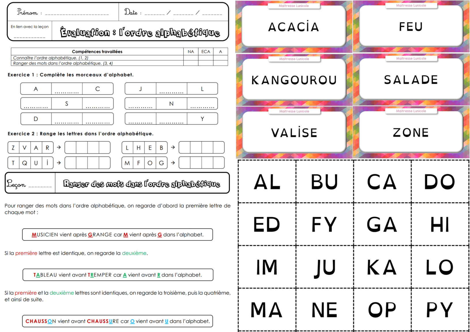 L’ordre alphabétique – cycle 2 – Maîtresse Lunicole
