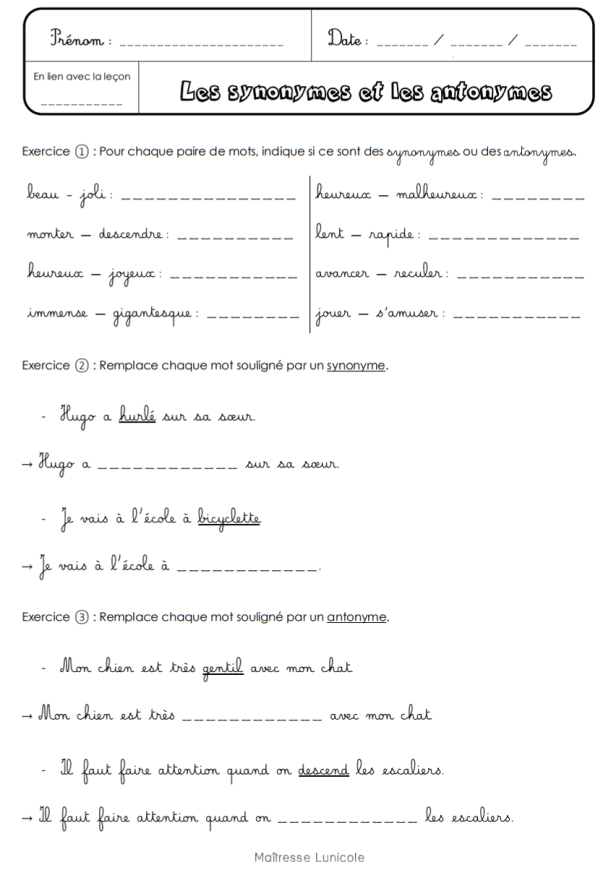 Les synonymes et les antonymes – Maîtresse Lunicole