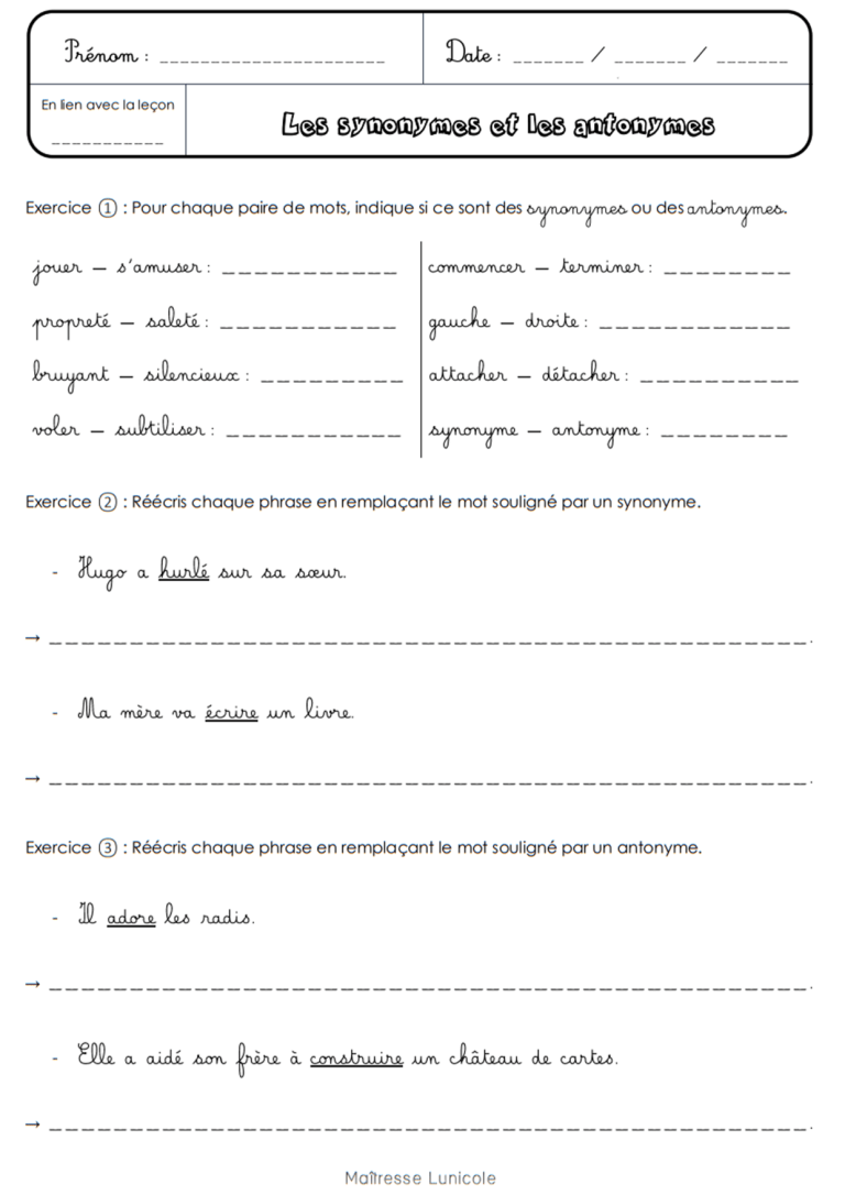 Les synonymes et les antonymes – Maîtresse Lunicole