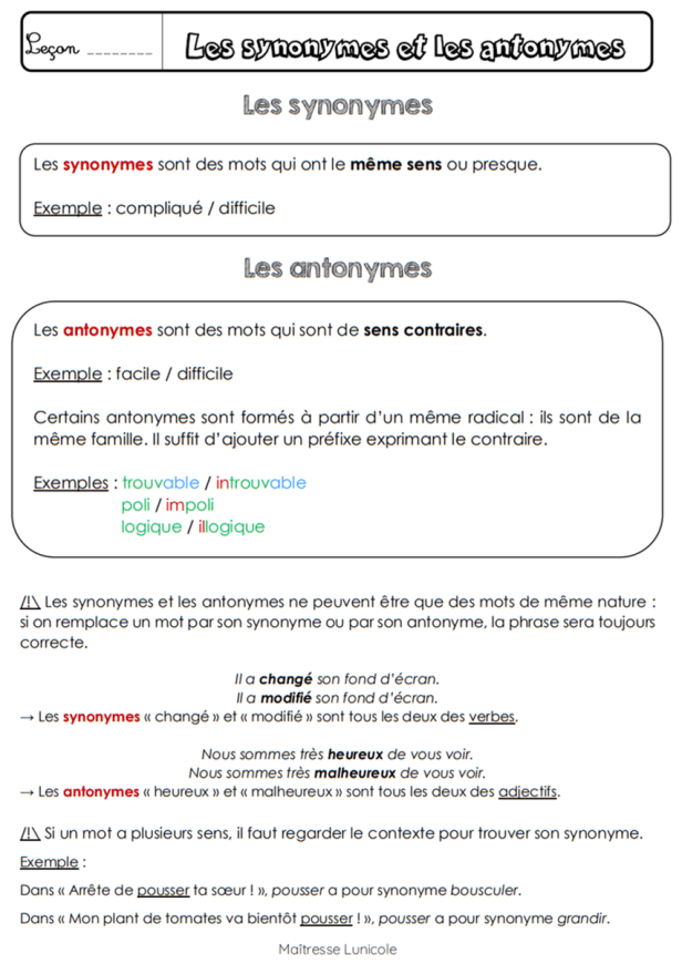 Les synonymes et les antonymes – Maîtresse Lunicole