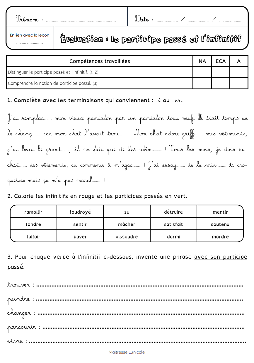 Le participe passé et l’infinitif – Maîtresse Lunicole