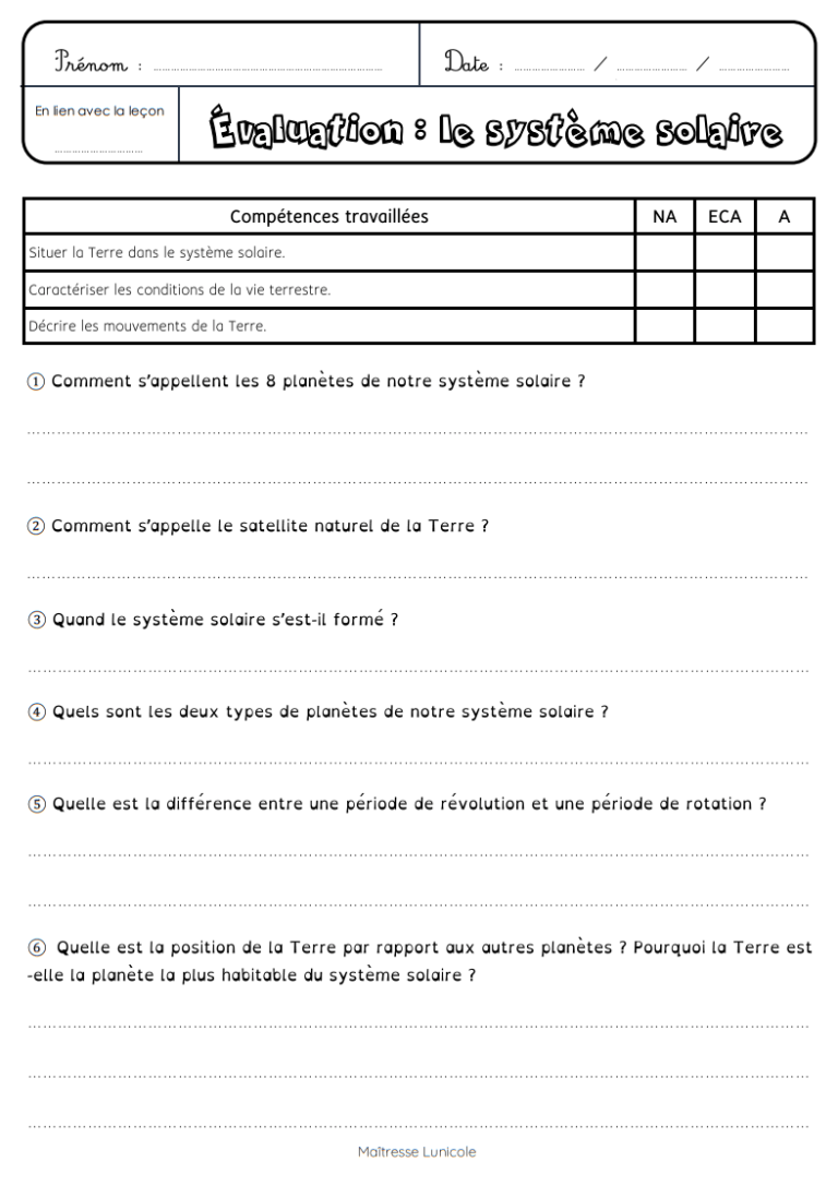 Le système solaire – Maîtresse Lunicole