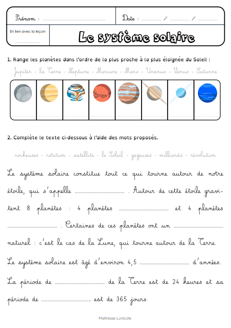 Le système solaire – Maîtresse Lunicole