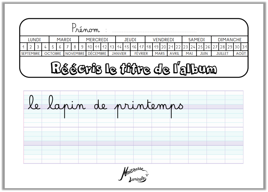 Exploitation d’album – Le lapin de printemps – Maîtresse Lunicole