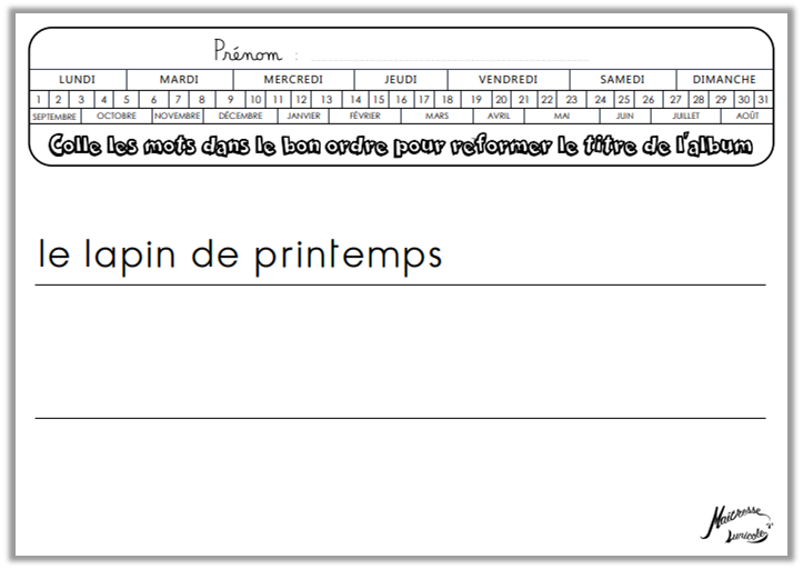 Exploitation d’album – Le lapin de printemps – Maîtresse Lunicole