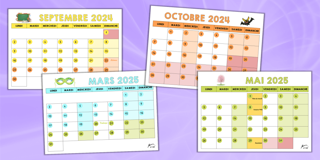Calendriers élémentaire 2024 – 2025 – Maîtresse Lunicole