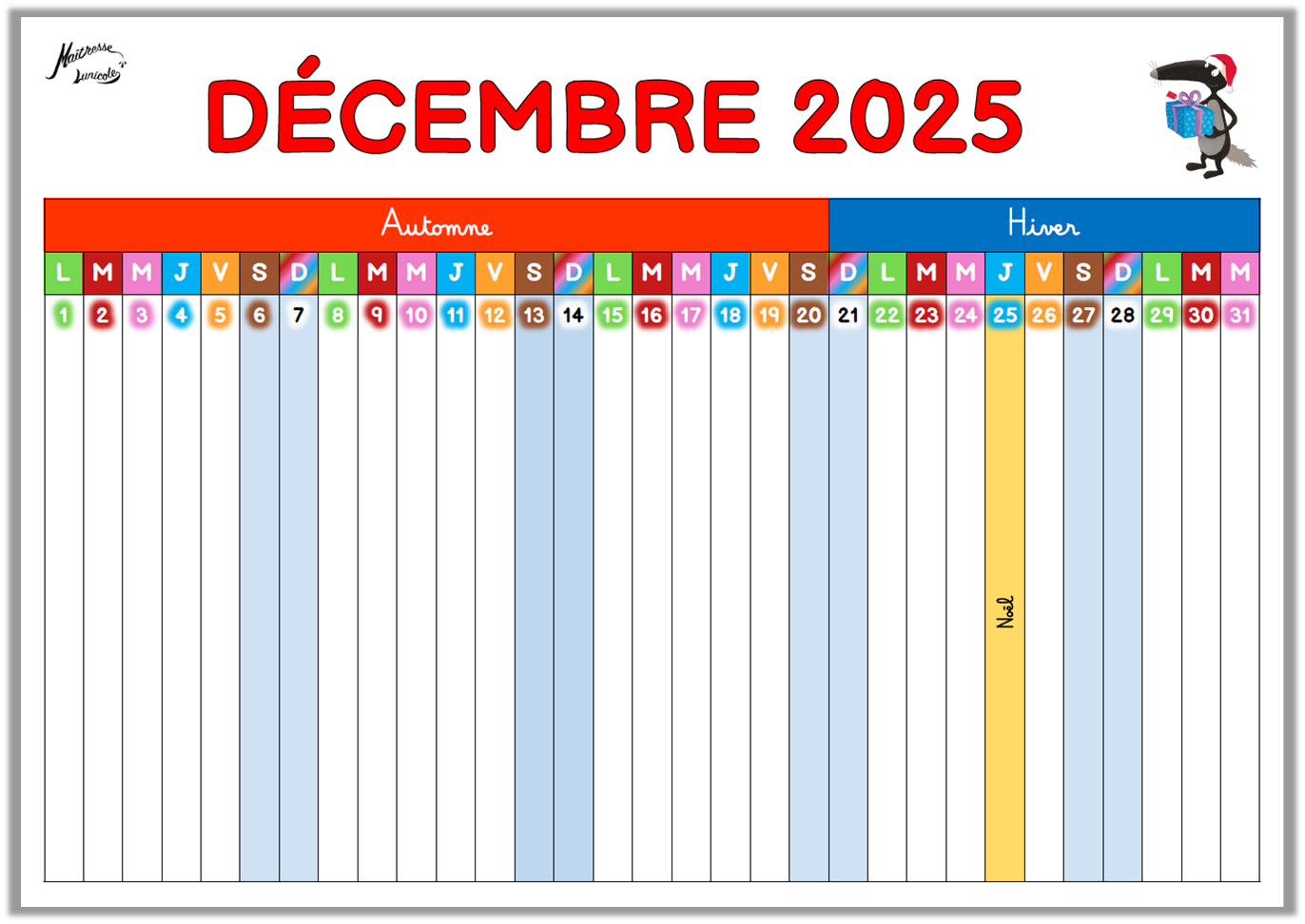 Calendriers maternelle 2025 – 2026 – Maîtresse Lunicole