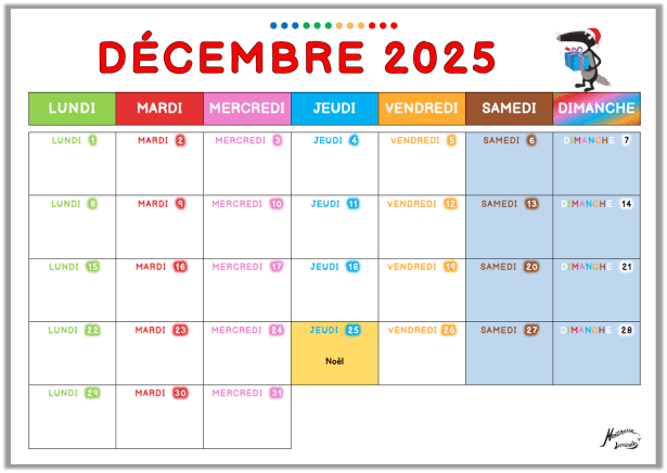 Calendriers maternelle 2025 – 2026 – Maîtresse Lunicole