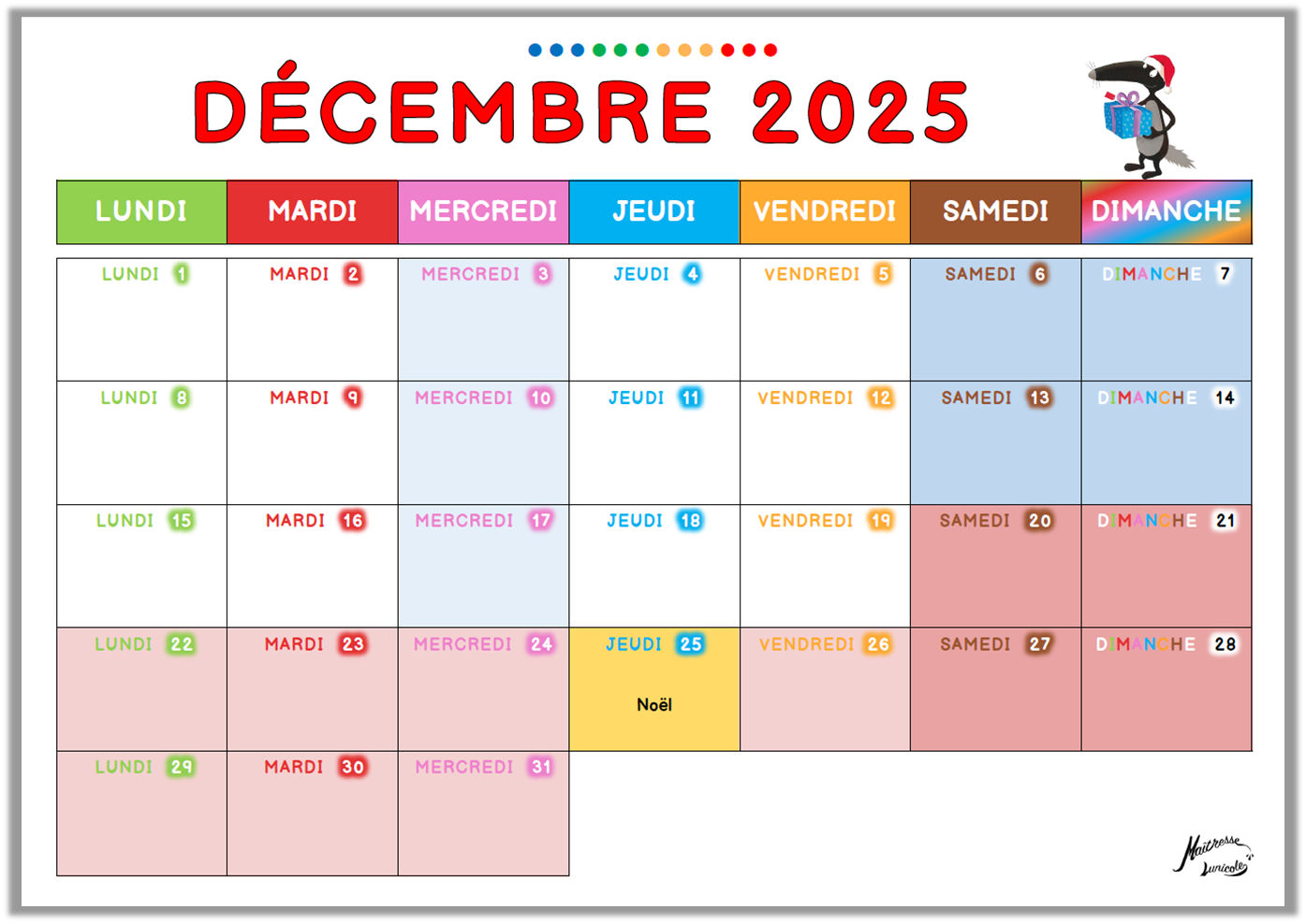 Calendriers maternelle 2025 – 2026 – Maîtresse Lunicole