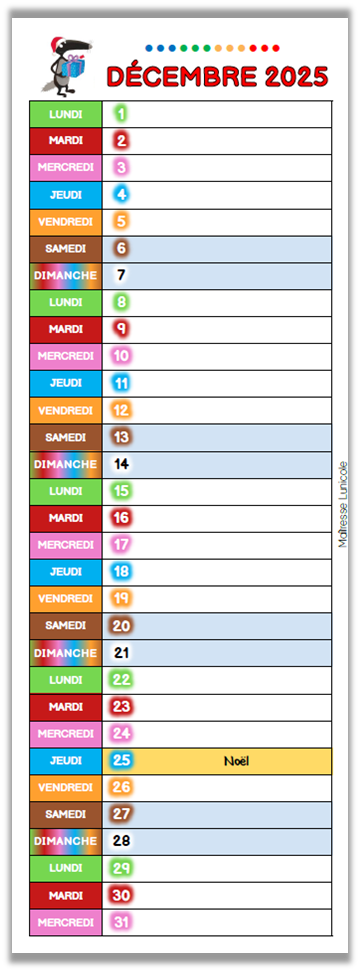 Calendriers maternelle 2025 – 2026 – Maîtresse Lunicole