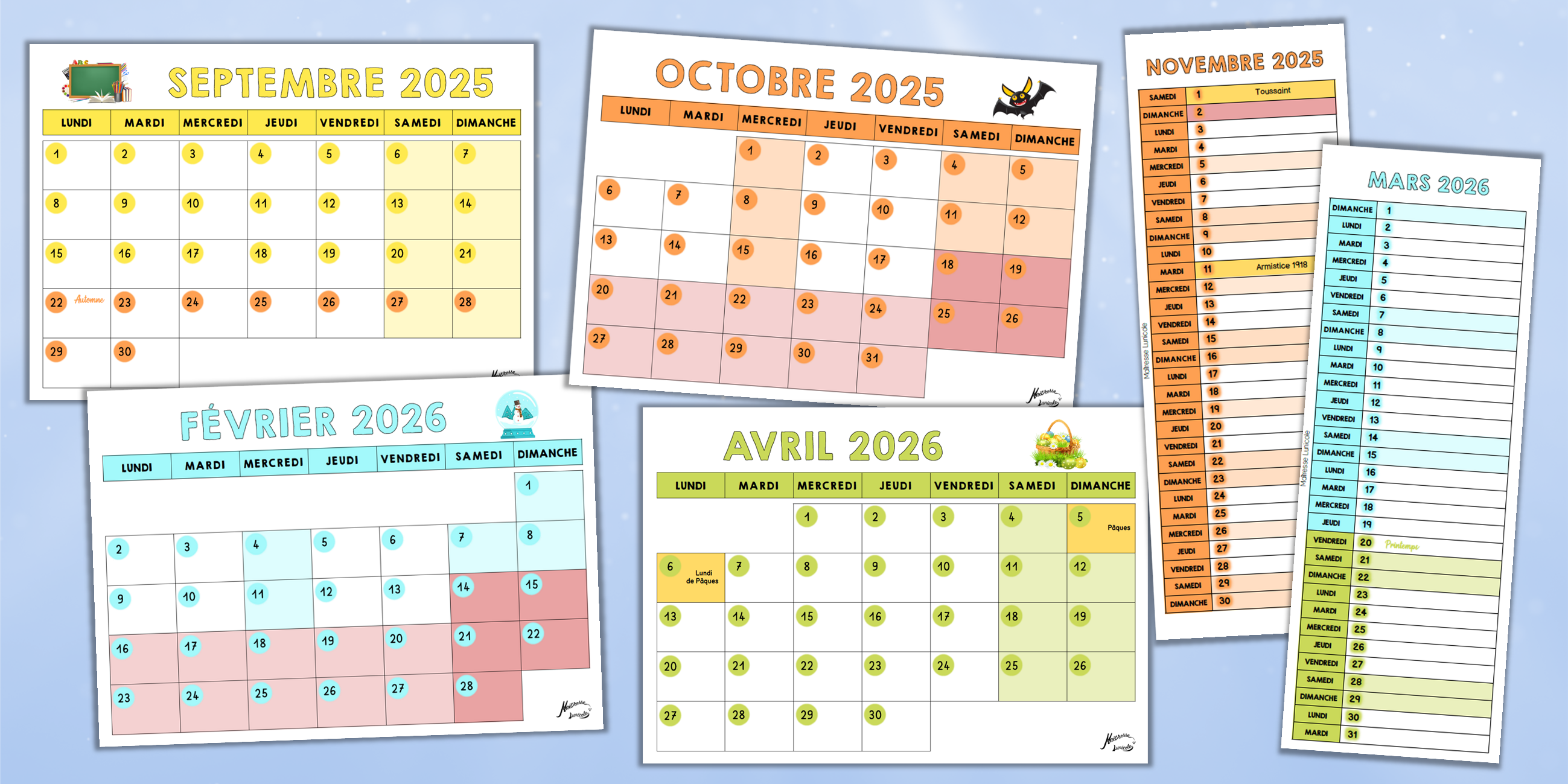 Calendriers élémentaire 2025 – 2026 – Maîtresse Lunicole